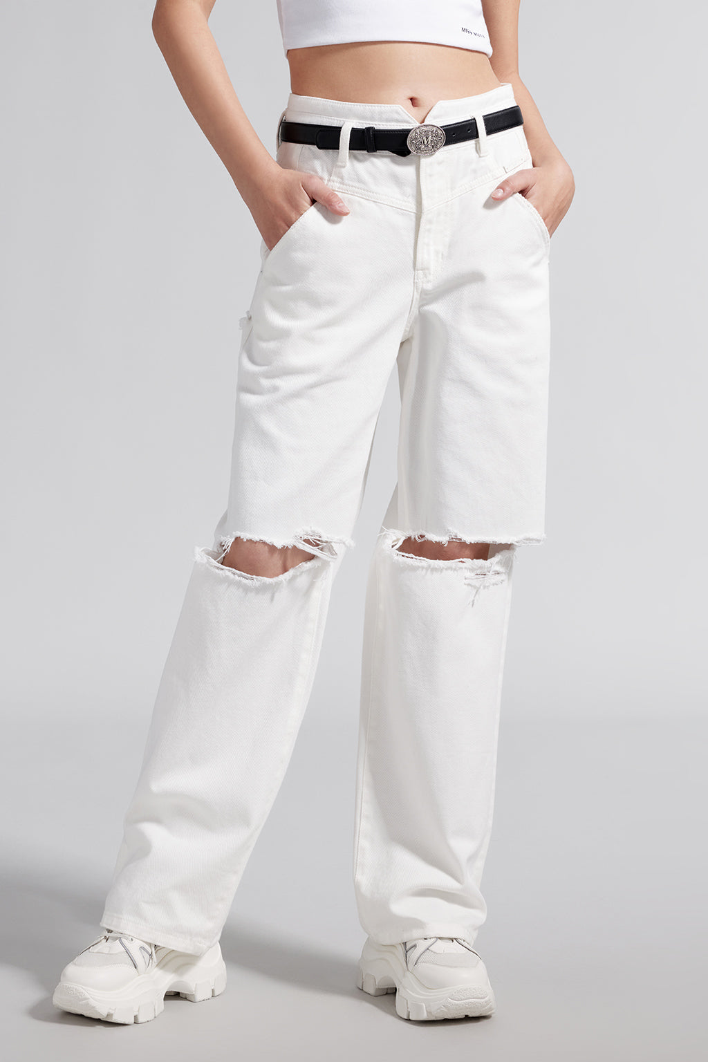 V-Shape Waist Ripped White Jeans – MISS SIXTY